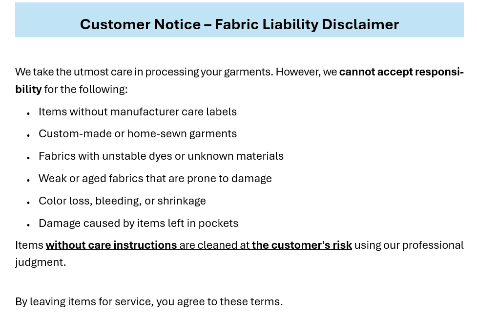 Fabric Disclaimer